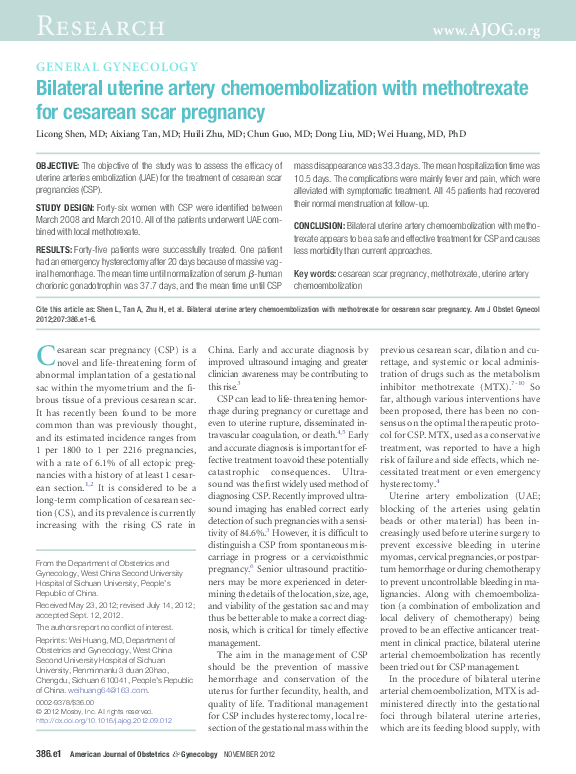 Pdf Bilateral Uterine Artery Chemoembolization With Methotrexate For