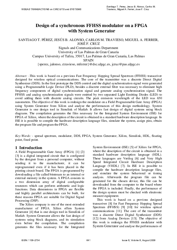 (PDF) Design of a synchronous FFHSS modulator on a FPGA with System ...