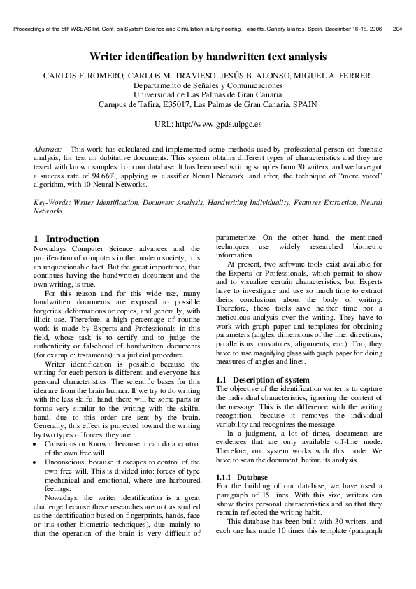 Pdf Writer Identification By Handwritten Text Analysis