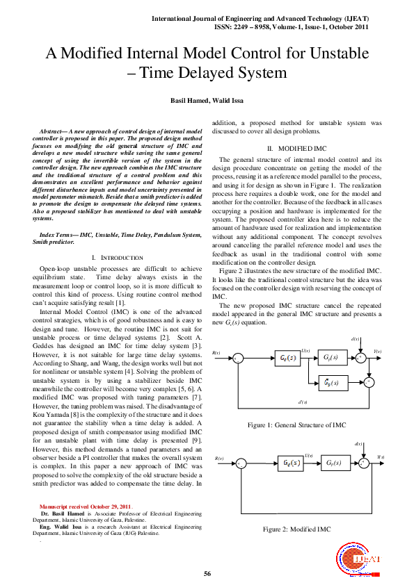 (PDF) A Modified Internal Model Control for Unstable Time Delayed System