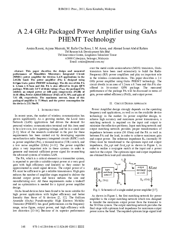 (PDF) A 2.4 GHz packaged power amplifier using GaAs PHEMT technology