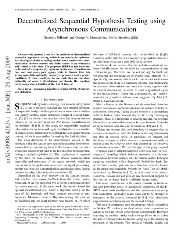 Pdf Decentralized Sequential Hypothesis Testing Using Asynchronous Communication Georgios
