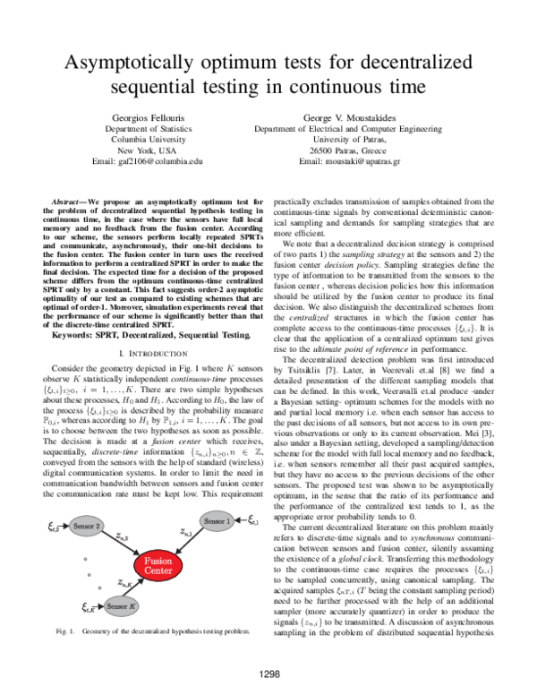 Pdf Asymptotically Optimum Tests For Decentralized Sequential Testing In Continuous Time