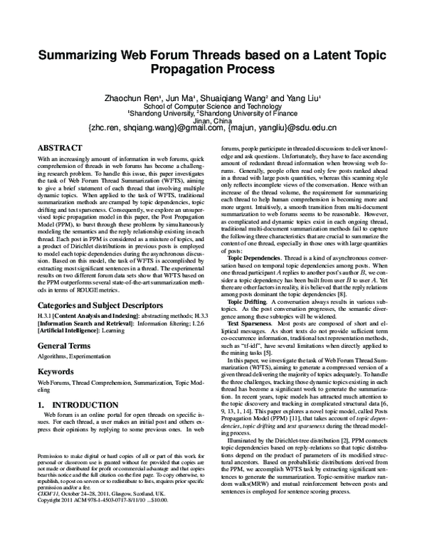 (PDF) Summarizing web forum threads based on a latent topic propagation ...