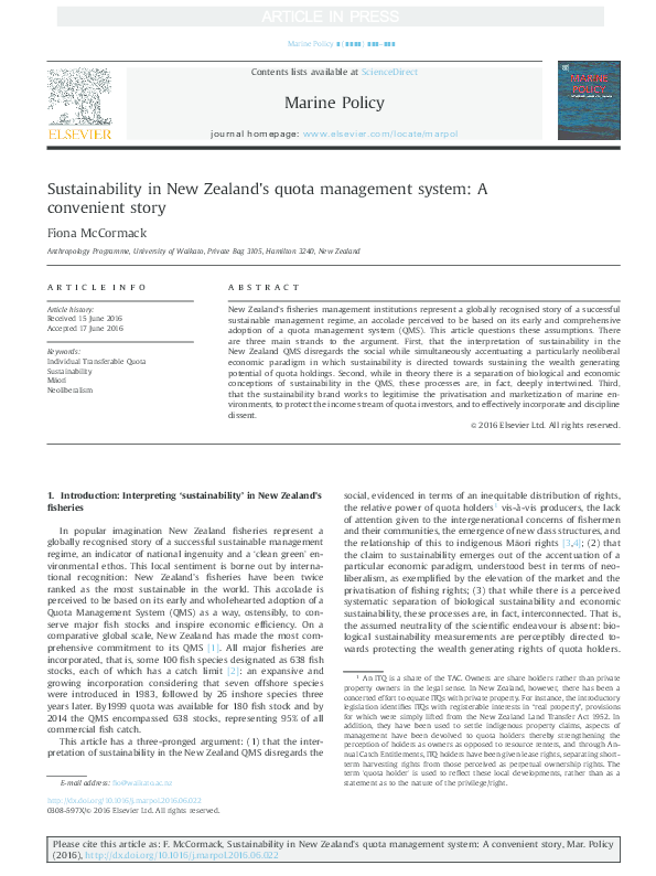 (PDF) Sustainability in New Zealand's quota management system: A ...