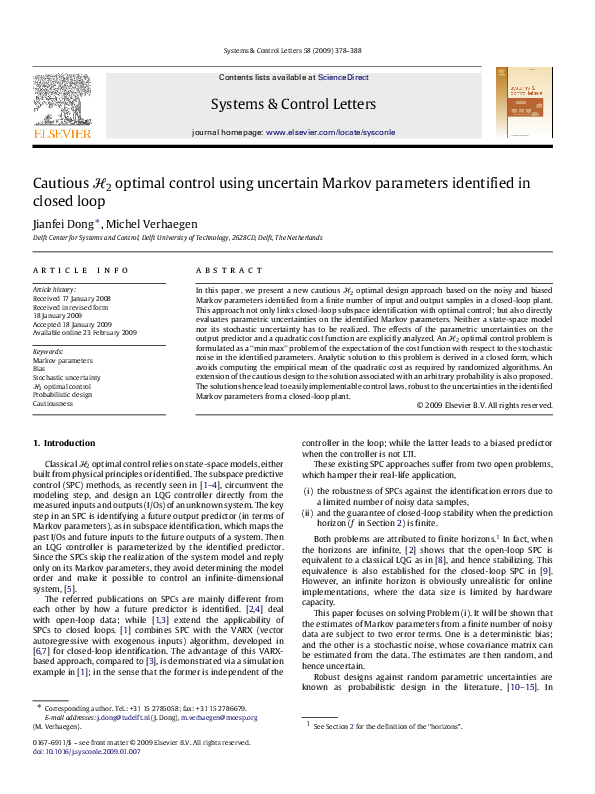 (PDF) Cautious optimal control using uncertain Markov parameters identified in closed loop