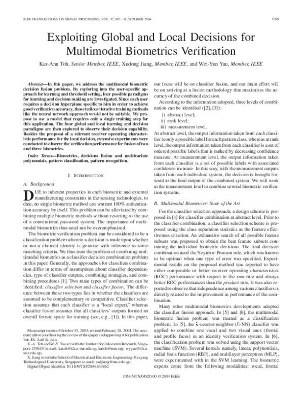 (PDF) Exploiting Global and Local Decisions for Multimodal Biometrics Verification