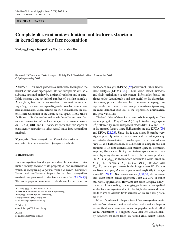 Pdf Complete Discriminant Evaluation And Feature Extraction In Kernel