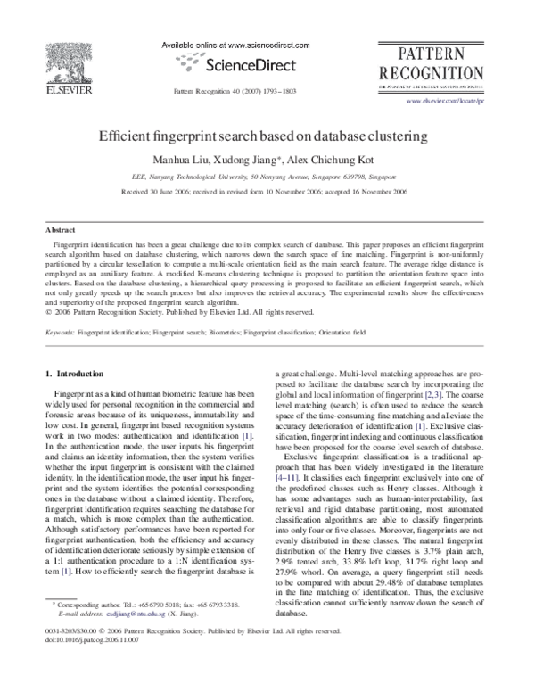 Pdf Efficient Fingerprint Search Based On Database Clustering
