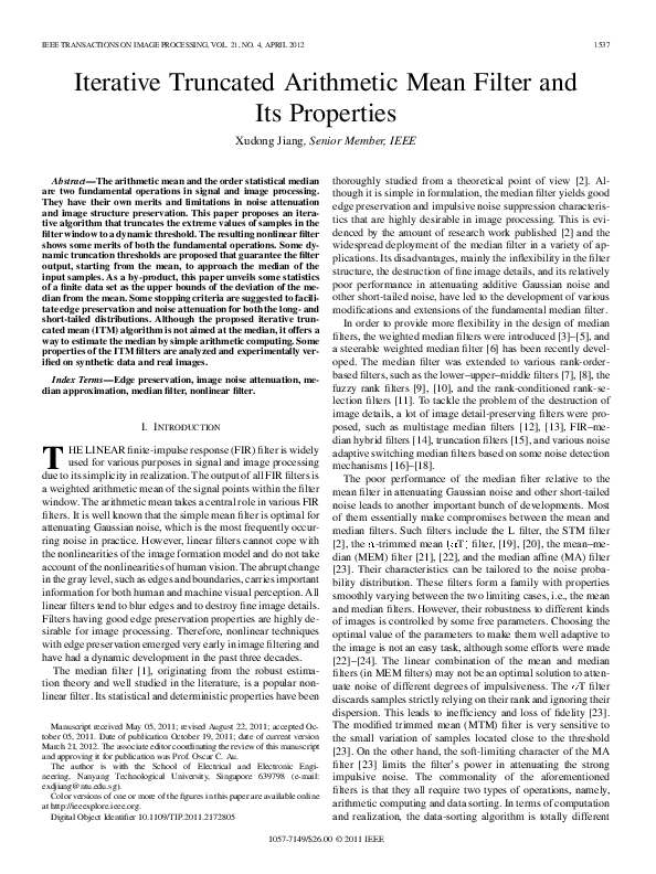 Pdf Iterative Truncated Arithmetic Mean Filter And Its Properties 7116