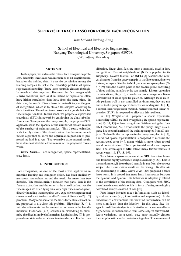 Pdf Supervised Trace Lasso For Robust Face Recognition Xudong Jiang