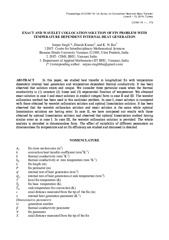 (PDF) EXACT AND WAVELET COLLOCATION SOLUTION OF FIN PROBLEM WITH TEMPERATURE DEPENDENT INTERNAL ...