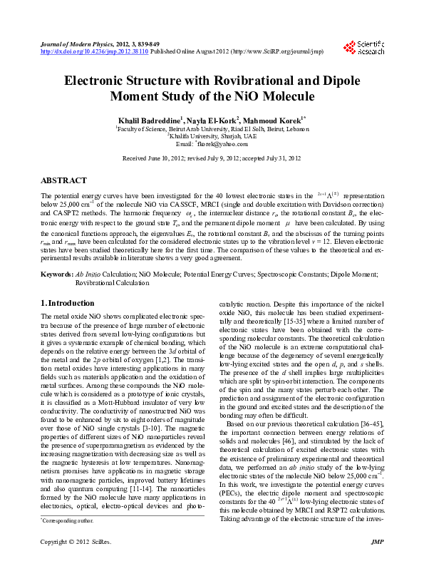 (PDF) Electronic Structure with Rovibrationl and Dipole Moment Study of ...