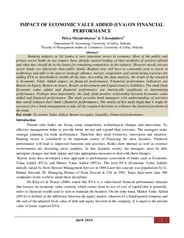 (PDF) IMPACT OF ECONOMIC VALUE ADDED (EVA) ON FINANCIAL PERFORMANCE