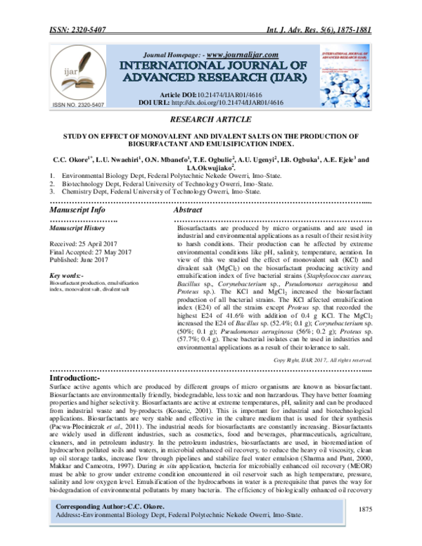 (PDF) STUDY ON EFFECT OF MONOVALENT AND DIVALENT SALTS ON THE ...