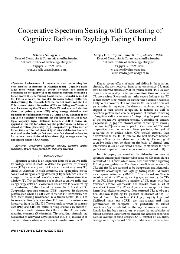 (PDF) Cooperative Spectrum Sensing with Censoring of Cognitive Radios in Rayleigh Fading Channel