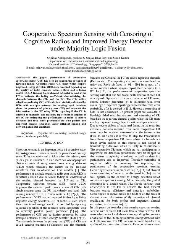 (PDF) Cooperative Spectrum Sensing with Censoring of Cognitive Radios and Improved Energy ...