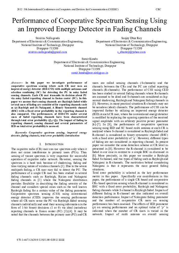 Pdf Performance Of Cooperative Spectrum Sensing Using An Improved Energy Detector In Fading