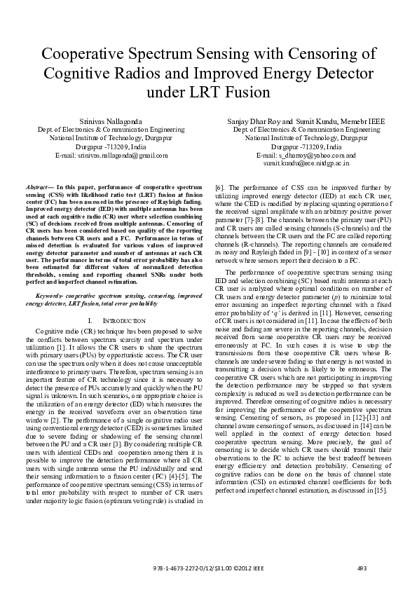 Pdf Cooperative Spectrum Sensing With Censoring Of Cognitive Radios And Improved Energy