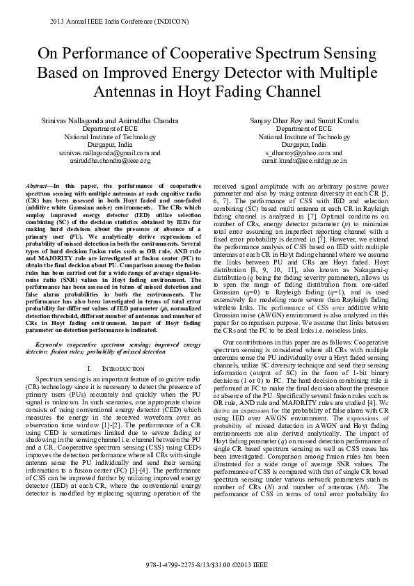 Pdf On Performance Of Cooperative Spectrum Sensing Based On Improved Energy Detector With