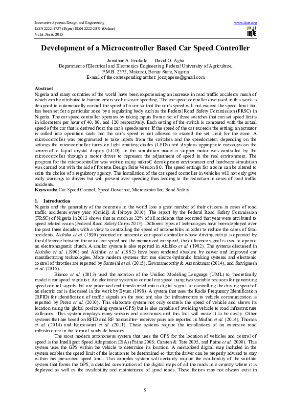 (PDF) Development of a Microcontroller Based Car Speed Controller