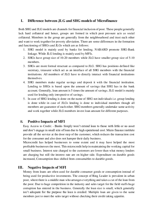 (PDF) I. Difference between JLG and SHG models of Microfinance