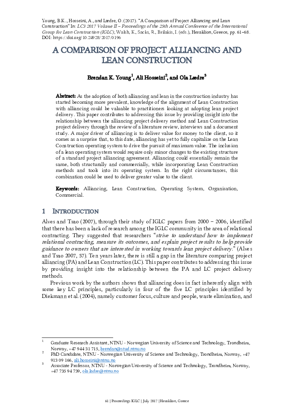 (PDF) A COMPARISON OF PROJECT ALLIANCING AND LEAN CONSTRUCTION