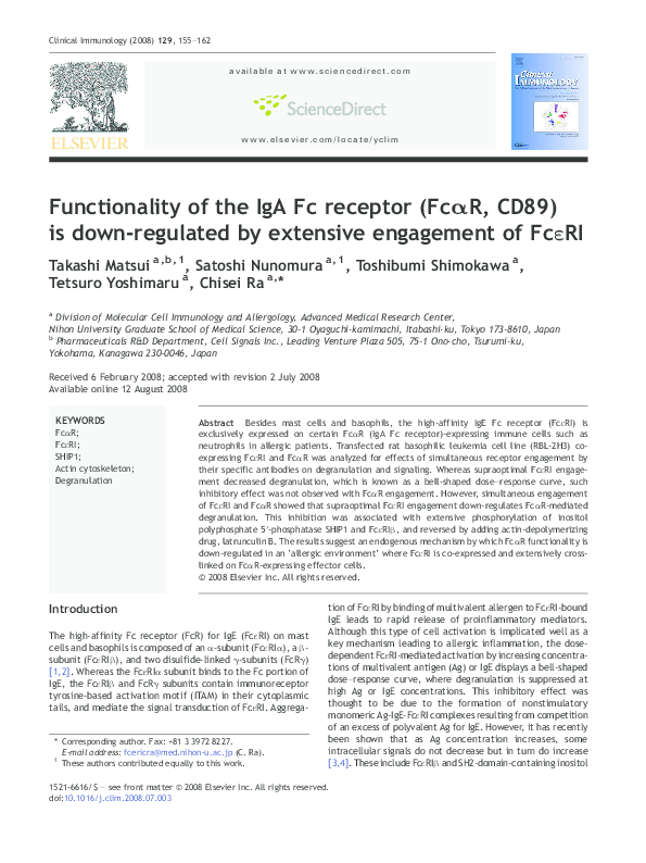 (PDF) Functionality of the IgA Fc receptor (FcαR, CD89) is down ...