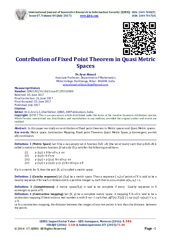 Pdf Contribution Of Fixed Point Theorem In Quasi Metric Spaces