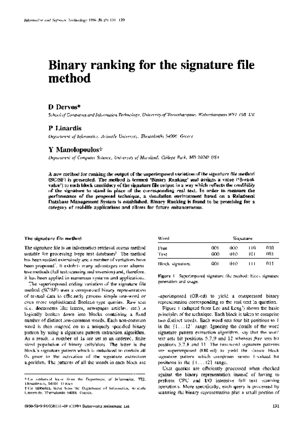 (PDF) Binary ranking for the signature file method | D. Dervos ...
