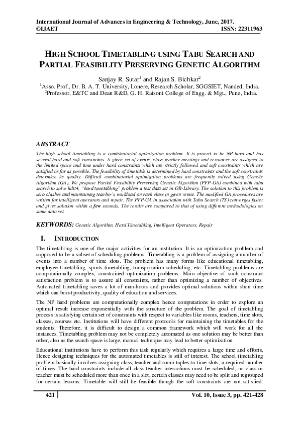 (PDF) HIGH SCHOOL TIMETABLING USING TABU SEARCH AND PARTIAL FEASIBILITY ...