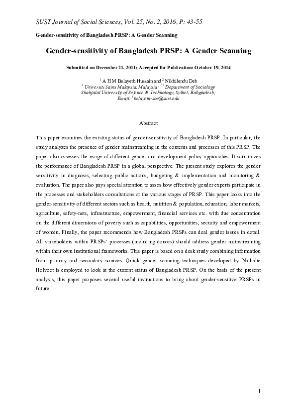 (PDF) Gender-sensitivity of Bangladesh PRSP: A Gender Scanning