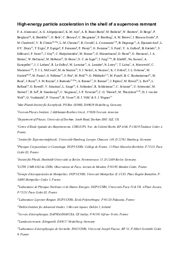(PDF) High-energy particle acceleration in the shell of a supernova remnant