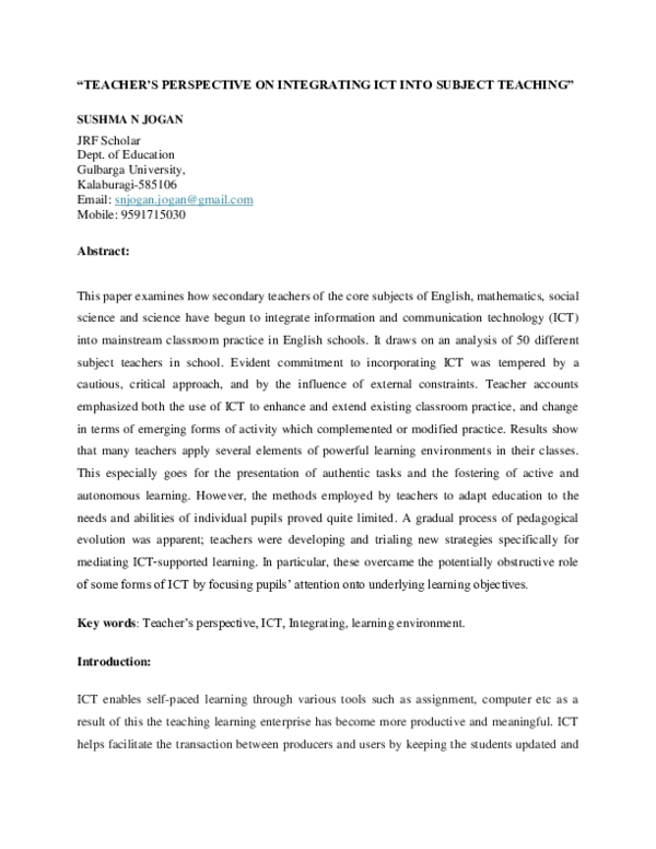 (DOC) " TEACHER'S PERSPECTIVE ON INTEGRATING ICT INTO SUBJECT TEACHING