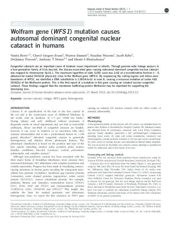(PDF) Wolfram gene (WFS1) mutation causes autosomal dominant congenital nuclear cataract in humans