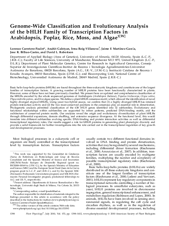 (PDF) Genome-Wide Classification and Evolutionary Analysis of the bHLH Family of Transcription ...