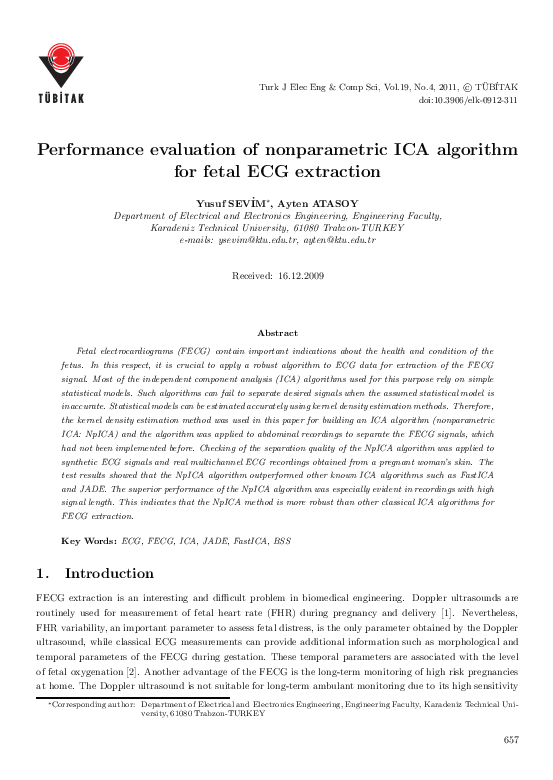 Pdf Performance Evaluation Of Nonparametric Ica Algorithm For Fetal