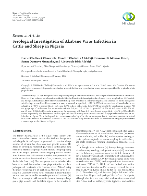 (PDF) Serological Investigation of Akabane Virus Infection in Cattle ...