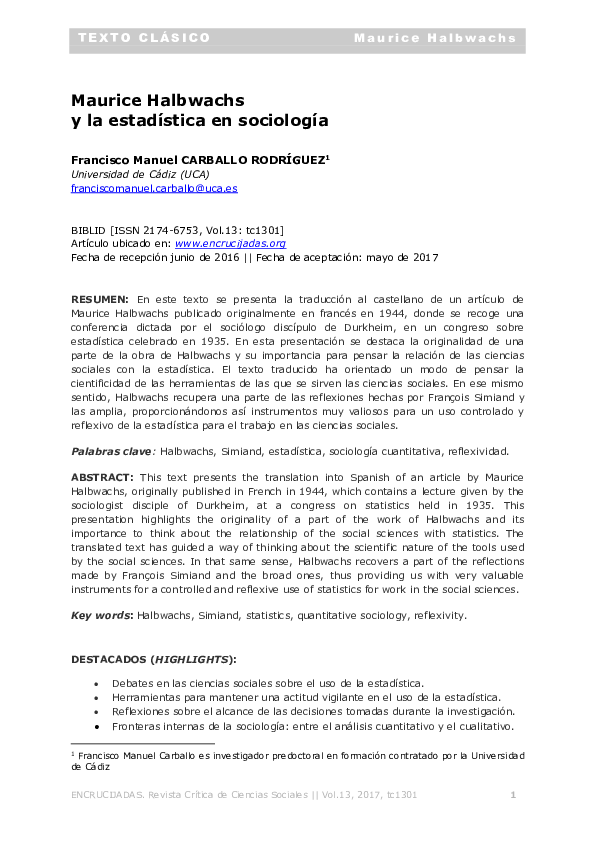 (PDF) Maurice Halbwachs y la estadística en sociología