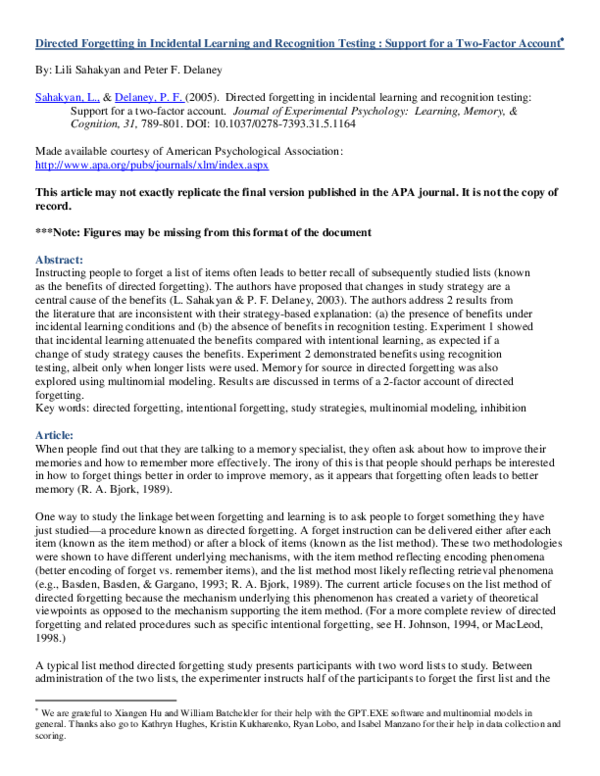 (PDF) Directed Forgetting in Incidental Learning and Recognition ...
