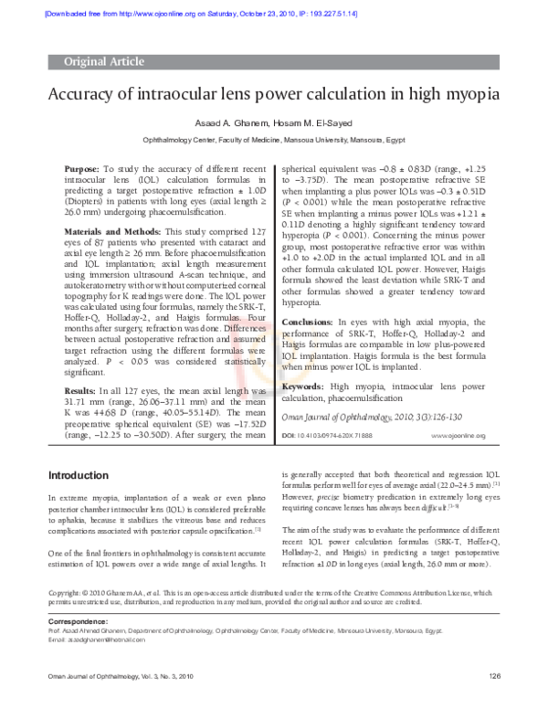 (PDF) Accuracy of intraocular lens power calculation in high myopia