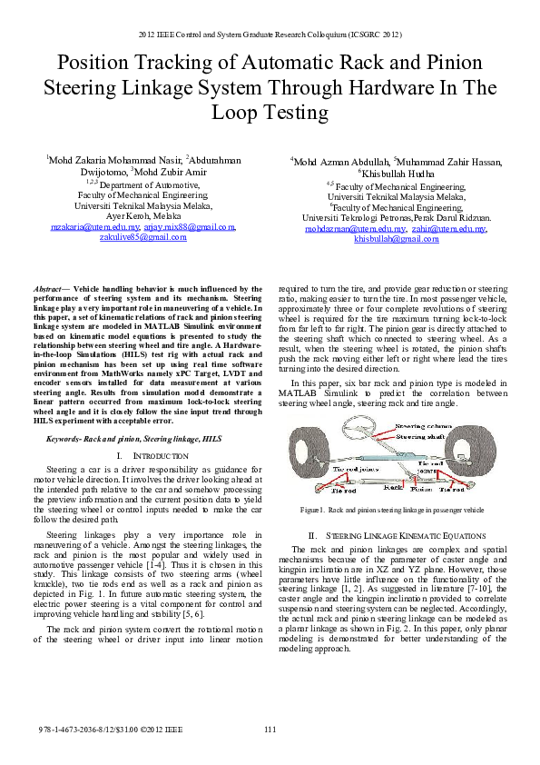 (PDF) Position tracking of automatic rack and pinion steering linkage system through hardware in ...