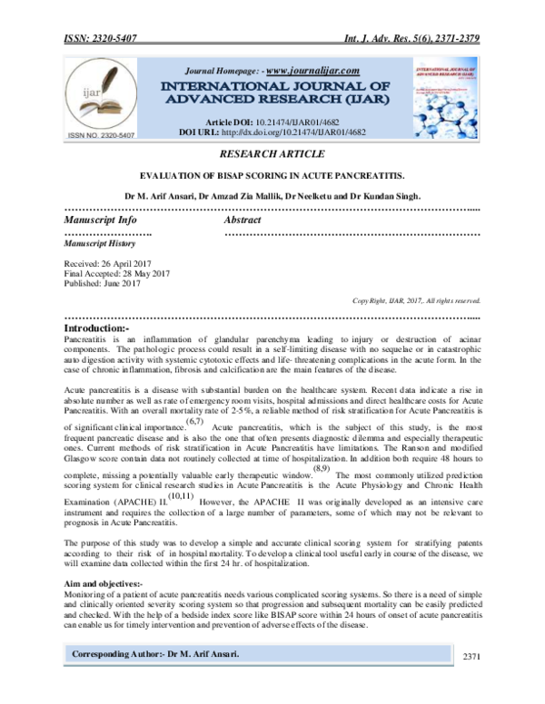 (PDF) EVALUATION OF BISAP SCORING IN ACUTE PANCREATITIS.
