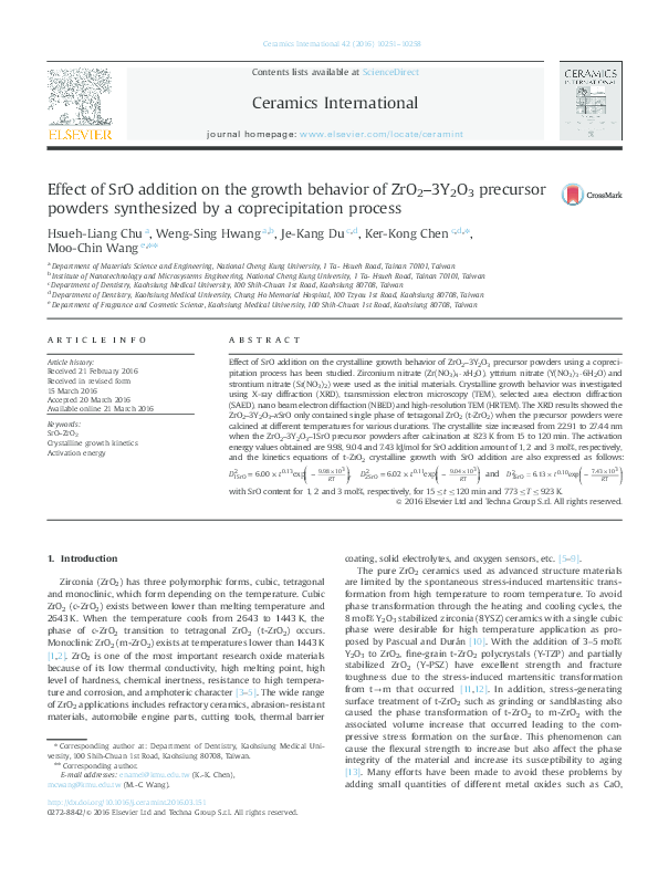 (PDF) Effect of SrO addition on the growth behavior of ZrO 2 –3Y 2 O 3 precursor powders ...