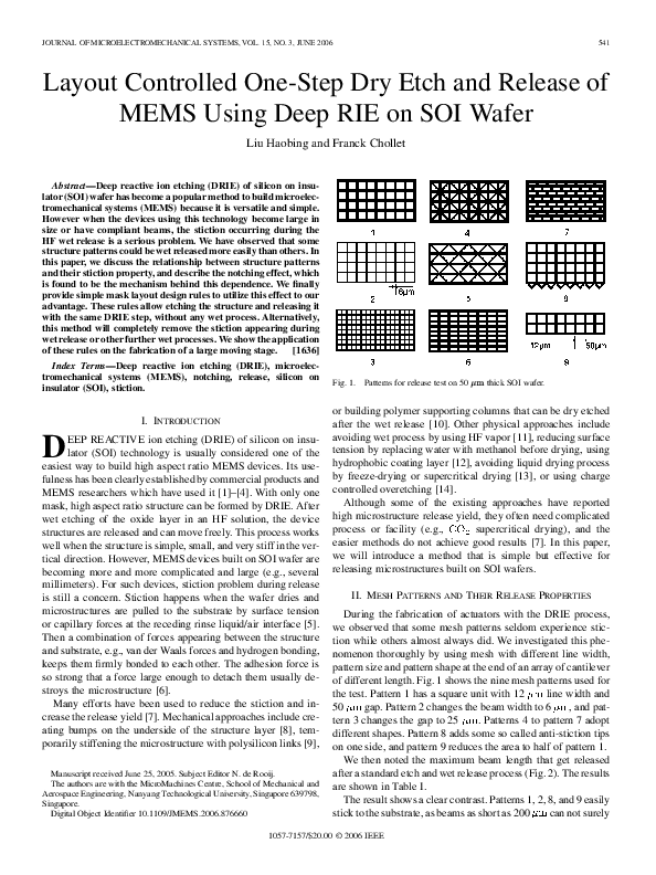 Pdf Layout Controlled One Step Dry Etch And Release Of Mems Using Deep Rie On Soi Wafer