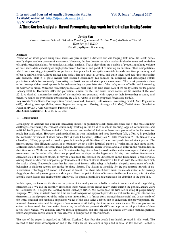 Pdf A Time Series Analysis Based Forecasting Approach For The Indian Realty Sector