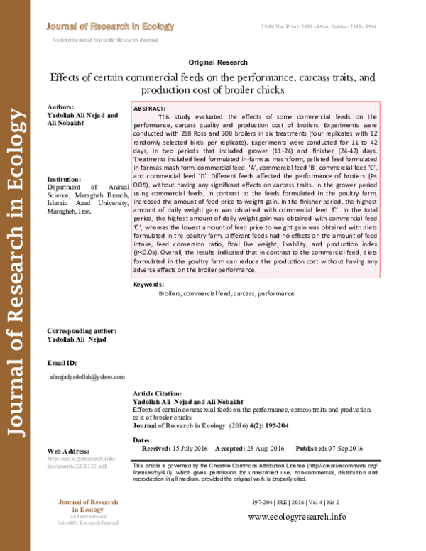 Pdf Effects Of Certain Commercial Feeds On The Performance Carcass Traits And Production