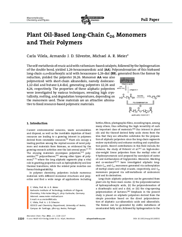 (PDF) Plant Oil-Based Long-Chain C 26 Monomers and Their Polymers