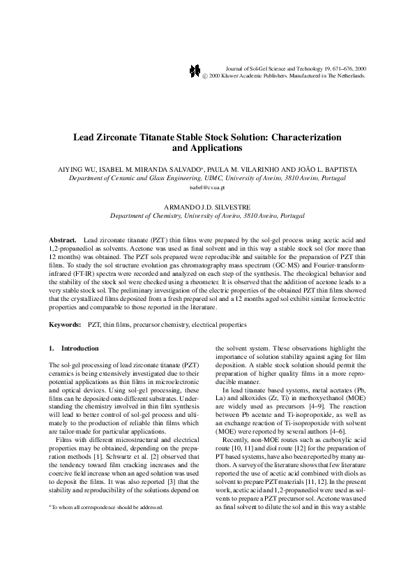 (PDF) Lead zirconate titanate stable stock solution: characterization and applications