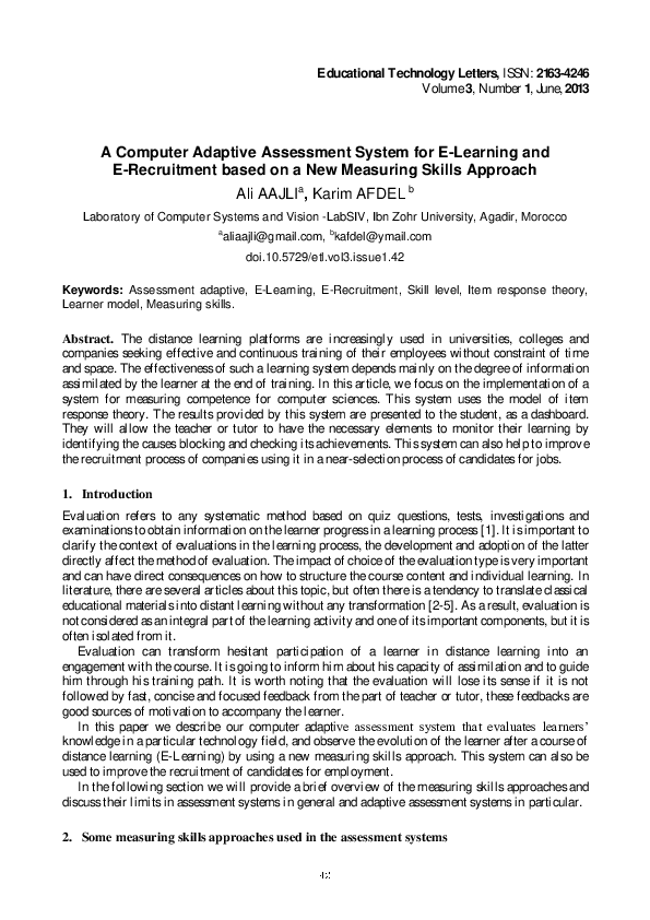 (PDF) A Computer Adaptive Assessment System for E-Learning and E-Recruitment based on a New ...